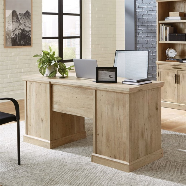 Pemberly Row 60" Engineered Wood Knee Space Credenza Desk in Prime Oak ...