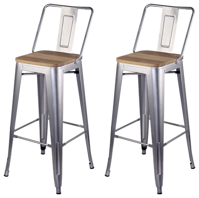 Metal Silver Bar Stools With Middle Back Light Wooden Seat, Set of 2 ...
