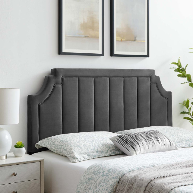 Tufted Headboard, Full Queen Size, Velvet, Dark Gray, Modern ...