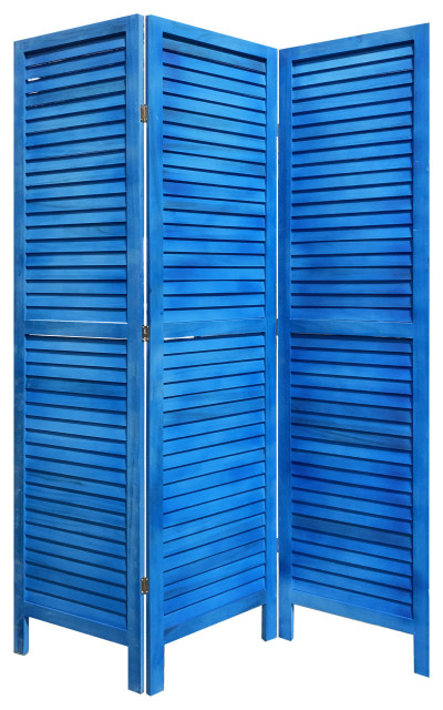 Wooden 3 Panel Shutter Screen with Fitted Slats, Light Blue ...
