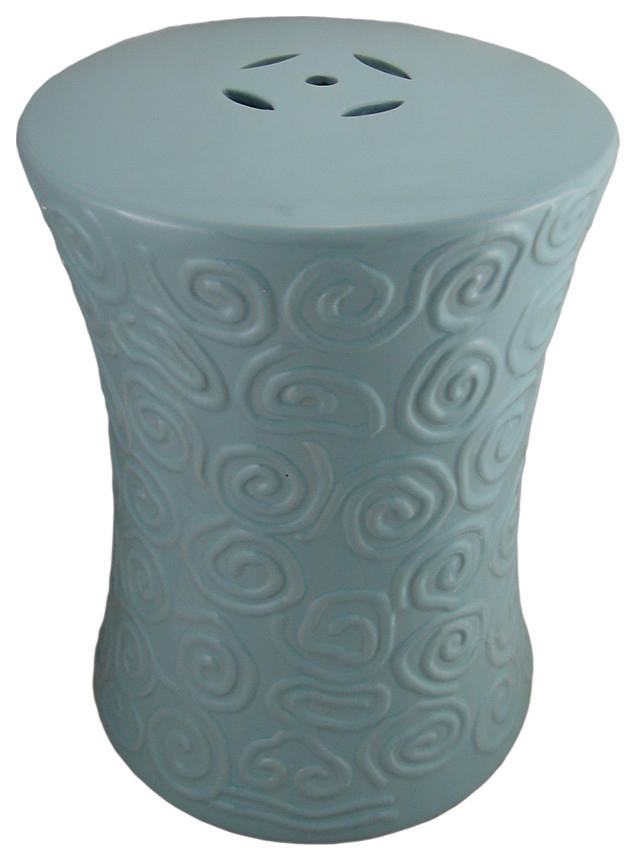 Powder Blue Ceramic Swirl Design Decorative Accent Stool, Small ...