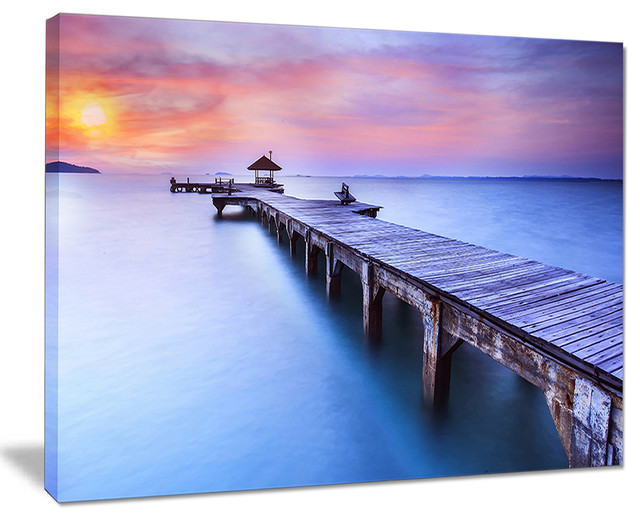 "Purple Seas And Long Wooden Pier" Sea Pier and Bridge Wall Art Canvas ...