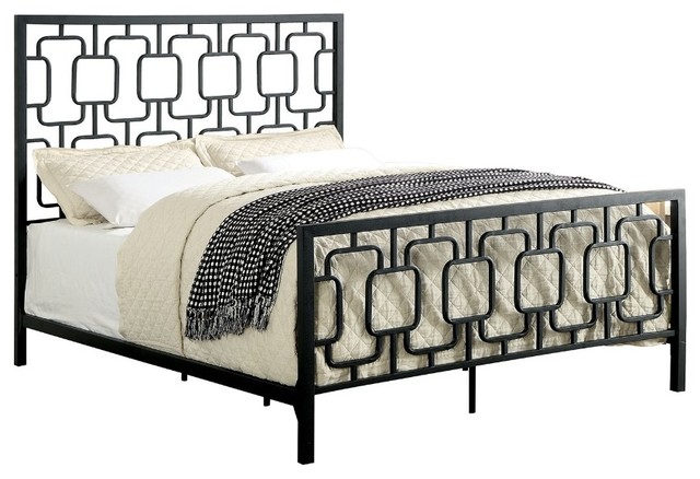 Full Metal Bed with Geometric Pattern Headboard And Footboard, Black ...