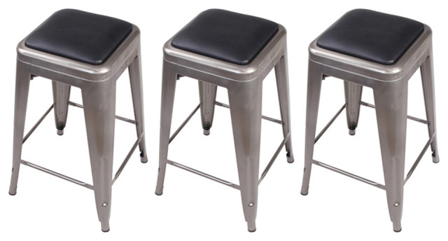 Gunmetal Backless Metal Bar Stools, Vegan Leather Seat, Set of 3 ...