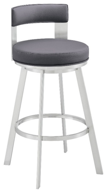 Armen Living Flynn 30" Swivel Metal & Faux Leather Bar Stool in Silver ...