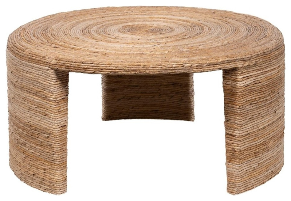 Pemberly Row Coastal Wood Round Three Legs Coffee Table in Natural ...
