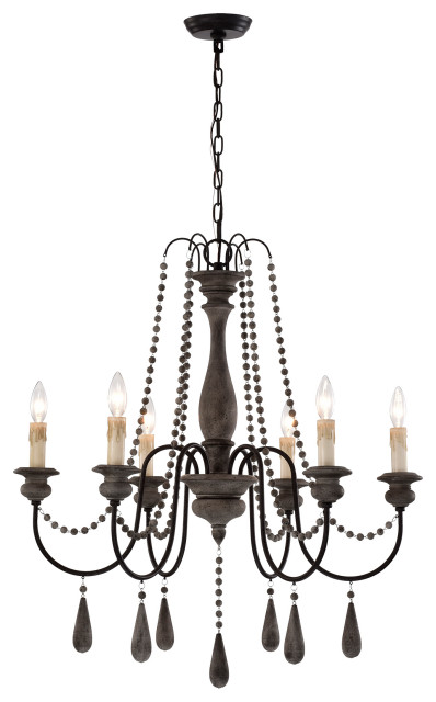 6-Light Slate Wood and Black Chandelier With Wooden Beads Hanging ...