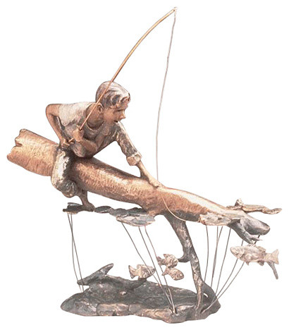 Fishing Hole Bronze Child Fishing Sculpture - Rustic - Sculptures - by ...