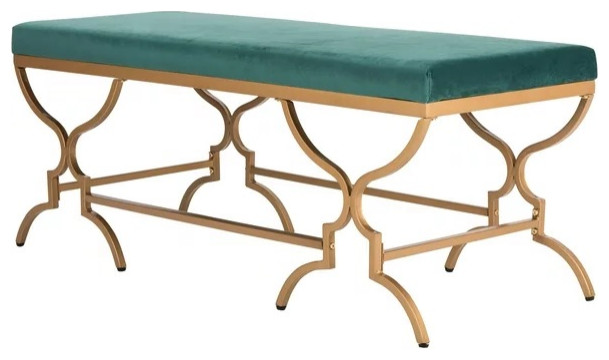 Glam Emerald Velvet Bench with Gold Geometric Base and Cushioned Seat ...