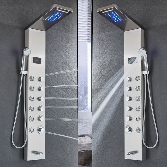 Brushed Nickel LED Shower Panel With Massage Jets Waterfall Rainfall ...