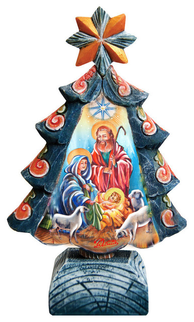 Hand Painted Nativity Tree Figurine - Traditional - Holiday Accents And ...