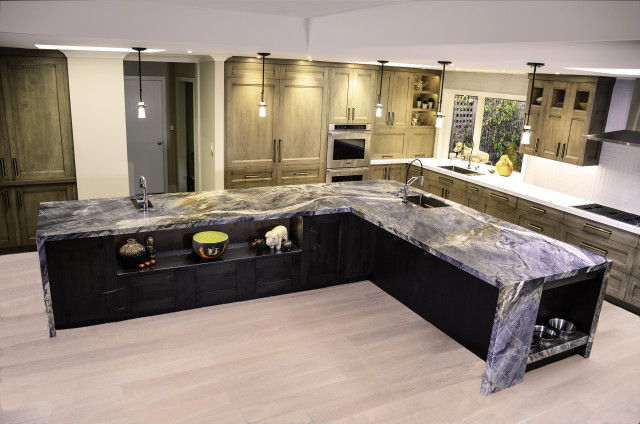 Tempest Blue Quartzite with built in dog bowls Perimeter is MontBlanc ...