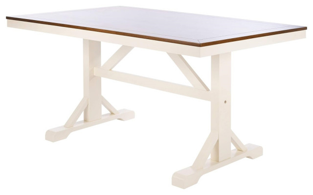 Farmhouse Dining Table, White/Natural Rectangle with Wooden Base ...
