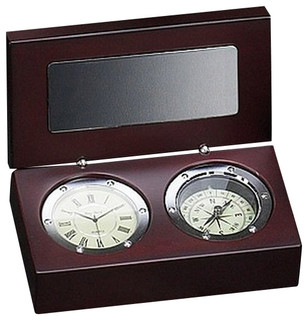Silver Plated Clock With Compass in Wood Box - Beach Style - Desk And ...