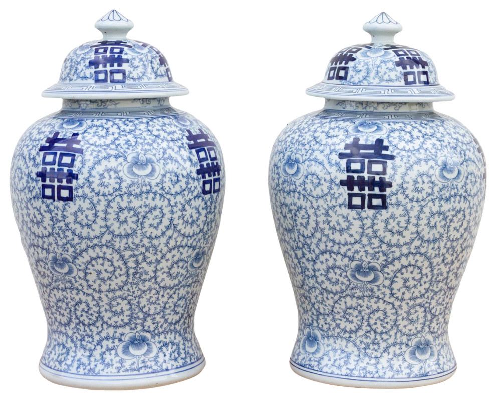 Pair of Tall Blue and White Jars - Asian - Decorative Jars And Urns ...