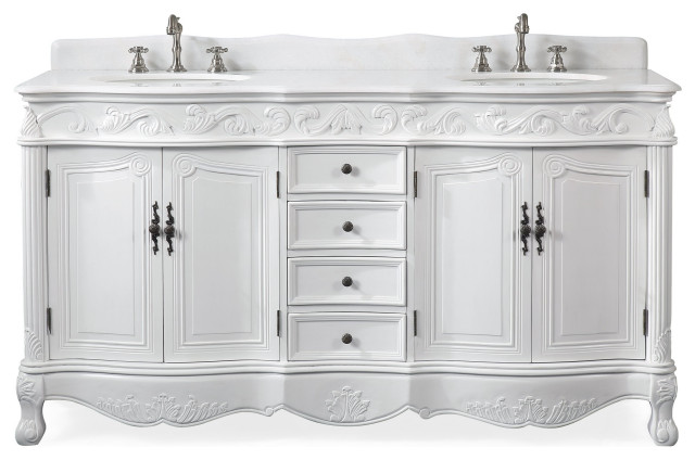 64 Inch Antique White Double Sink White Top Beckham Bathroom Vanity ...