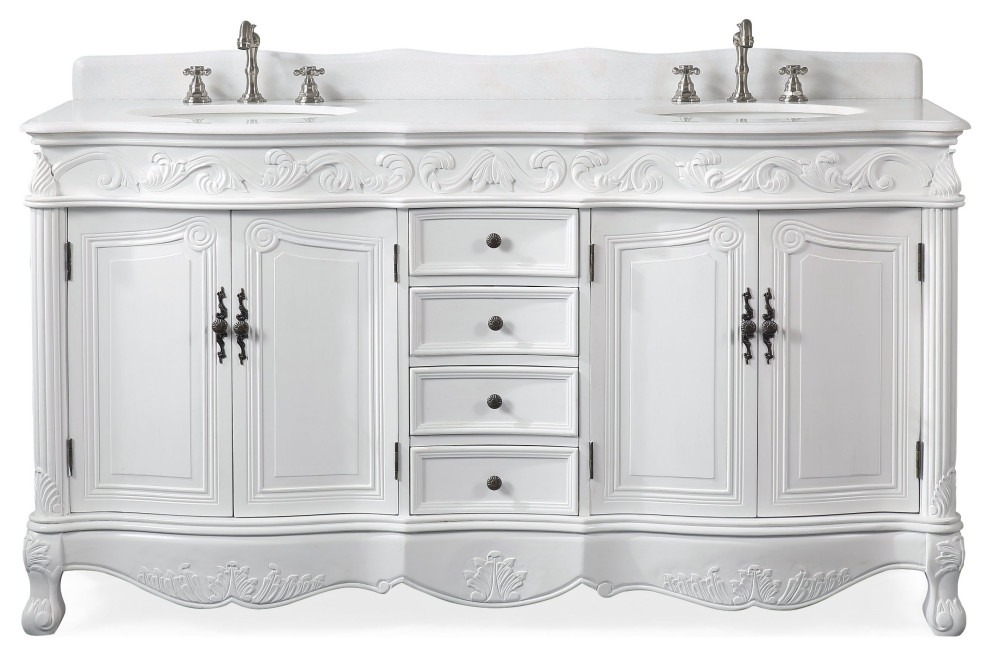 64 Inch Antique White Double Sink White Top Beckham Bathroom Vanity ...