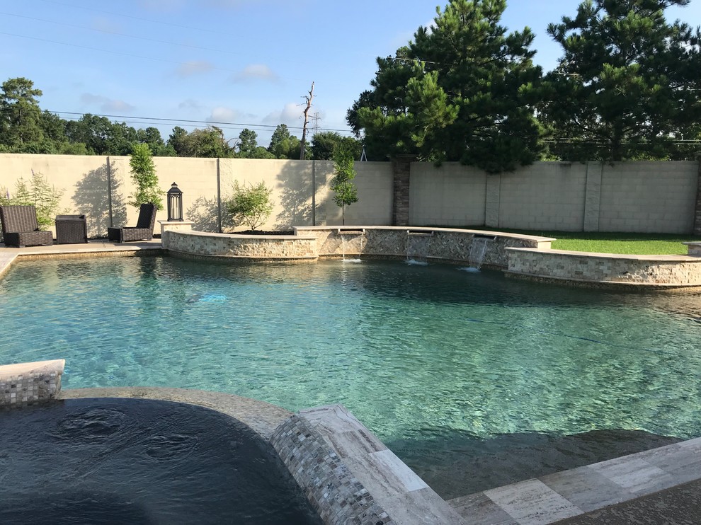 Travertine Pools with Raised Beam Walls - Pool - Houston - by Great ...