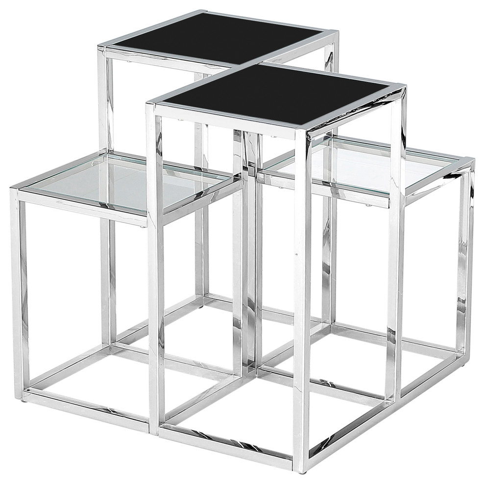 4 Tier Stainless Steel Accent Table with Glass Topping, Black and ...