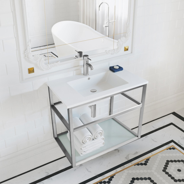 Pierre 30 Single, Open Shelf, Chrome Metal Frame Bathroom Vanity ...