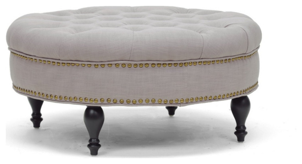 Traditional Ottoman Wheeled Turned Legs With Tufted Beige Seat