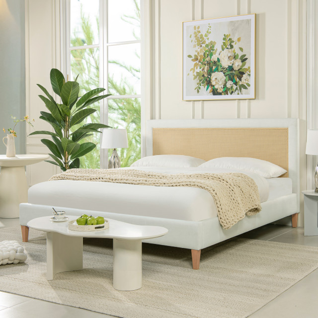 Haley Upholstered Cane-Back Platform Bed, King - Tropical - Platform ...