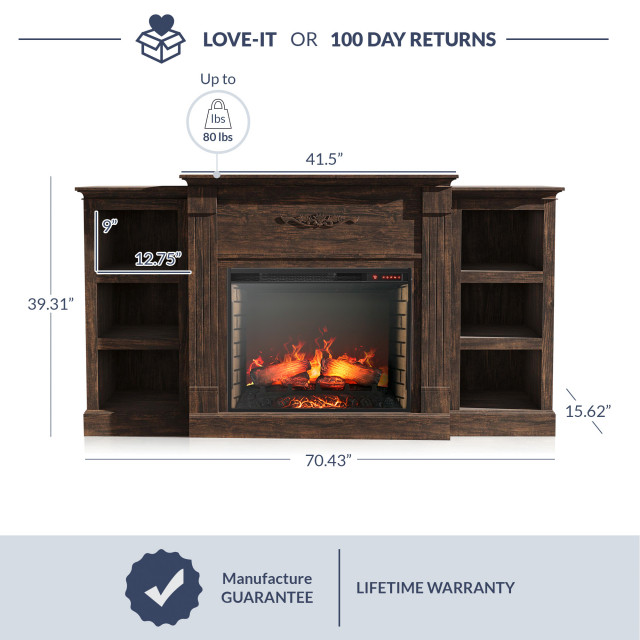 Freestanding Electric Fireplace Bookshelves with 28" Fireplace, 70 ...
