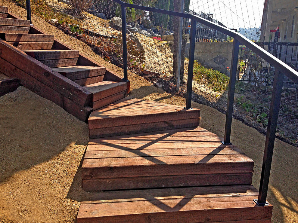 Rustic Redwood Steps & Stairs with Metal Railing - Los Angeles - by ...
