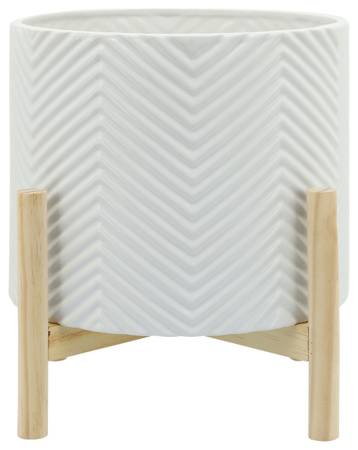 12" Ceramic Chevron Planter With Wood Stand, White - Transitional ...