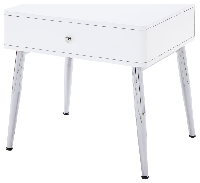 Contemporary End Table, Angled Chrome Lega With White High Gloss Top ...