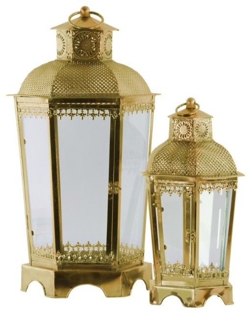 Metal Hexagonal Lantern with Pierced Metal Top & Ring Handle, Set of 2 ...
