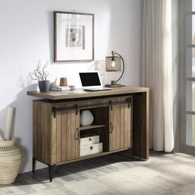 Convertible L-Shaped Desk, 2 Grooved Sliding Doors & Open Shelves ...