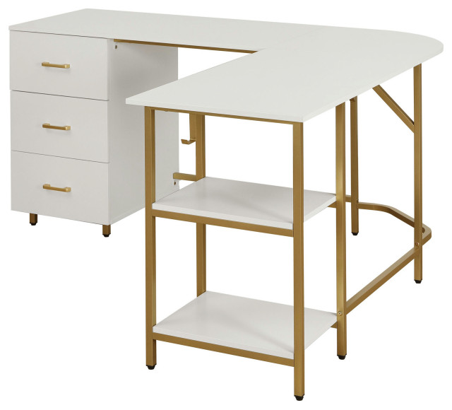Techni Mobili L-Shape Home Office Two-Tone Desk with Storage, Gold ...