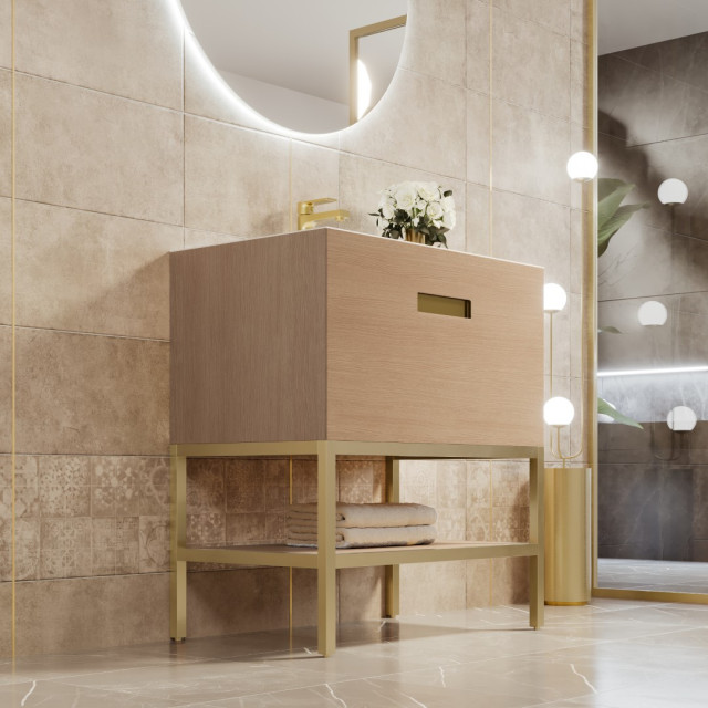 Iris 30"W Oak Freestanding Vanity With White Solid Surface Integrated ...