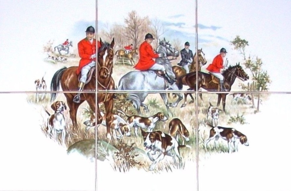English Fox Hunt Ceramic Tile Mural Red Coat Horse Kiln Fired 12.75" x ...