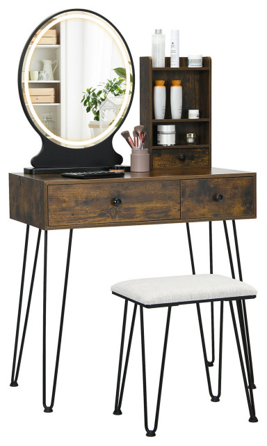 Rustic Vanity Set, Cushioned Stool & Round Mirror, Plenty Storage Space ...