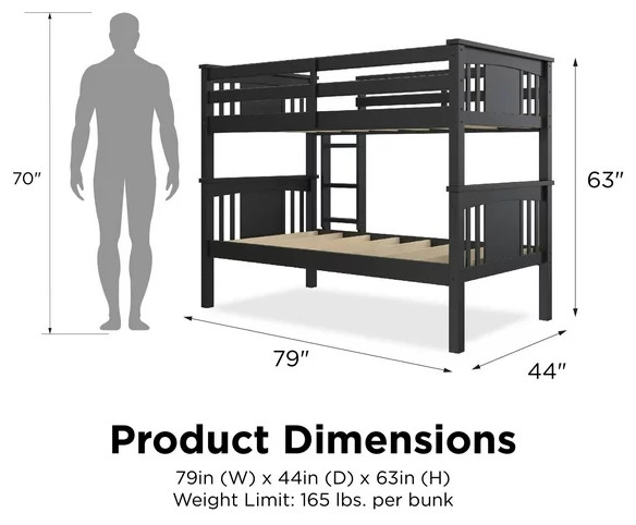 Classic Twin Bunk Bed for Kids, Convertible with Slatted Support and ...