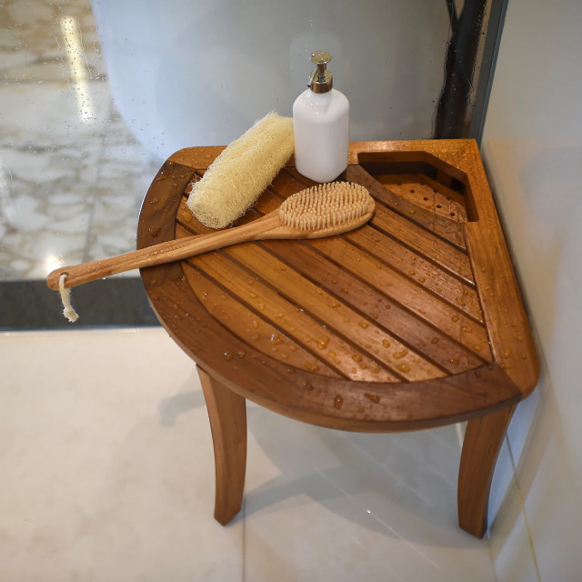 Dussi Teak Wood Corner Shower Bench Stool with Toiletries Holder ...