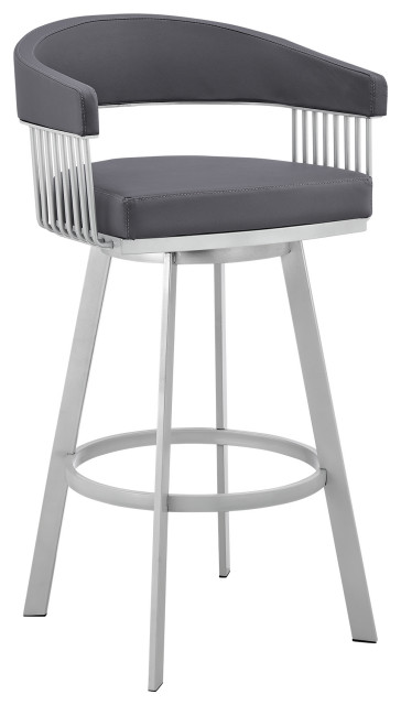Chelsea Slate Gray Faux Leather and Silver Metal Bar Stool, Bar Height ...