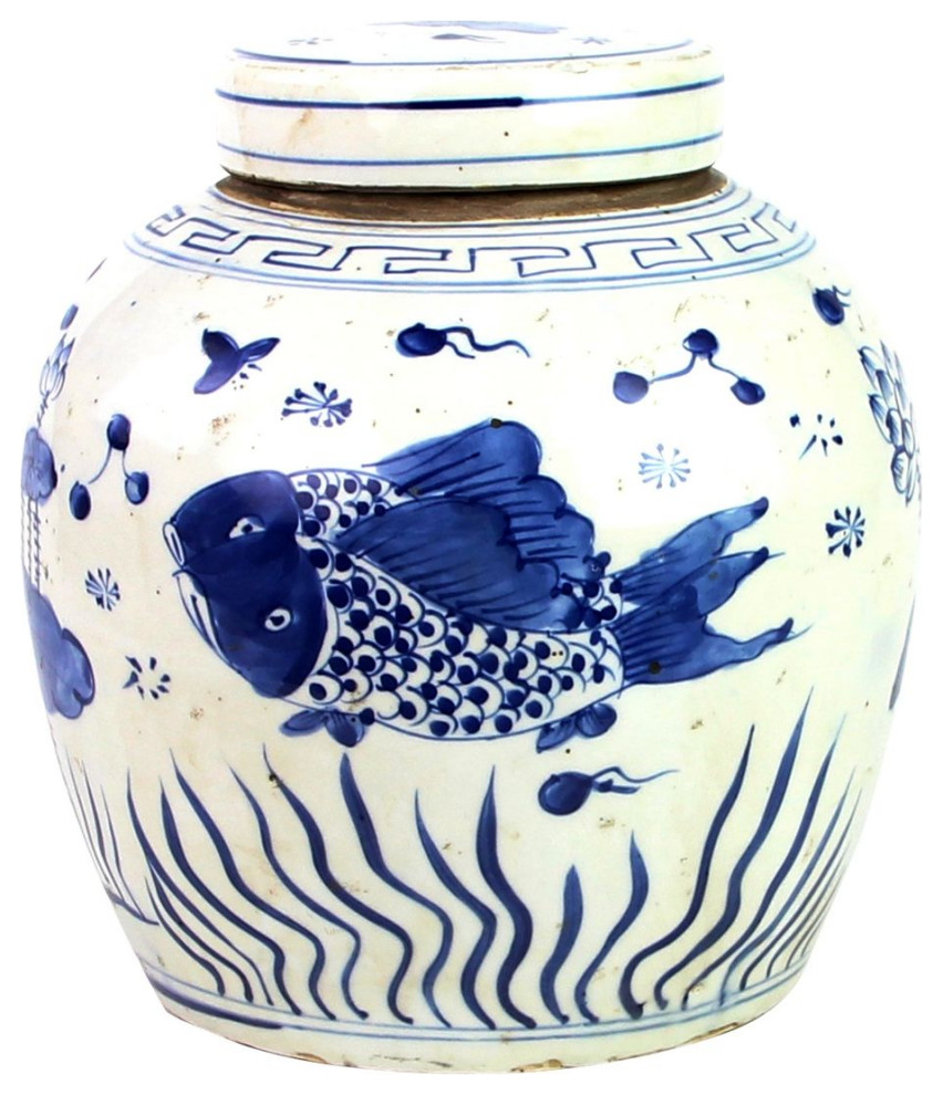 Legend of Asia Blue And White Ming Jar With Fish Motif 1603B - Asian ...
