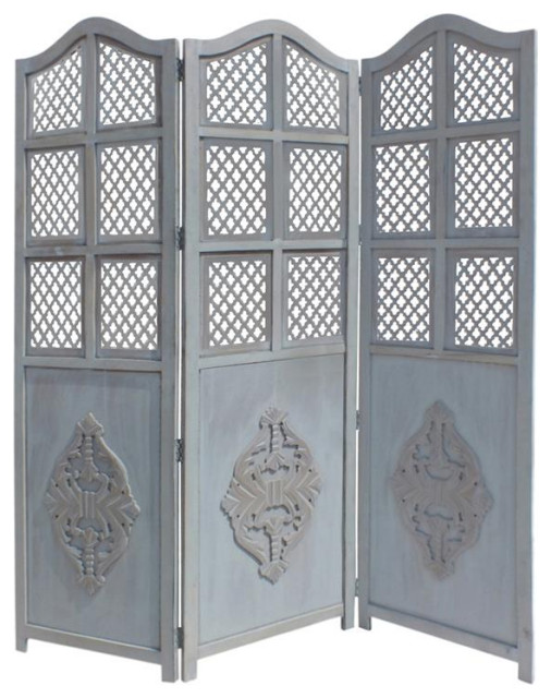 The Urban Port 1" 3-panel Wood Room Divider with Traditional Carvings ...