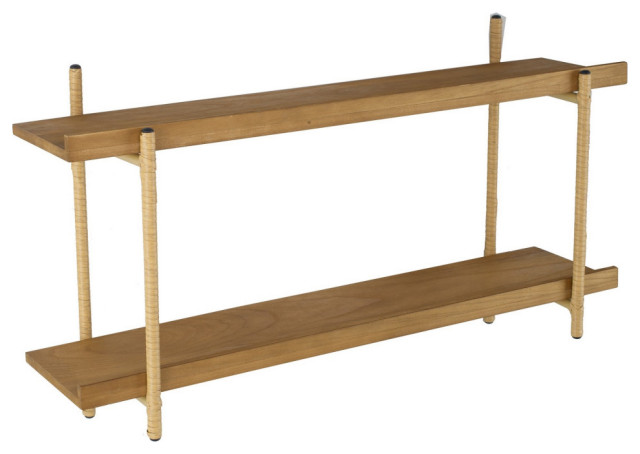 36" Modern Wood Two Tier Shelf, Rattan Braiding, Brown, Gold - Tropical ...