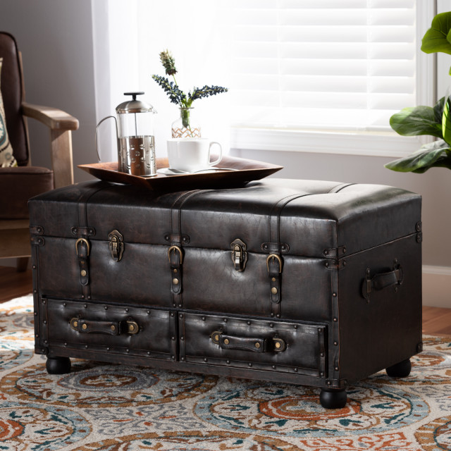 Cardenas Dark Brown Faux Leather Upholstered 2-Drawer Storage Trunk ...