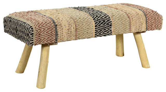 Chindi Boho Chevron Striped Natural Wood Accent Bench, Tan Black Brown ...
