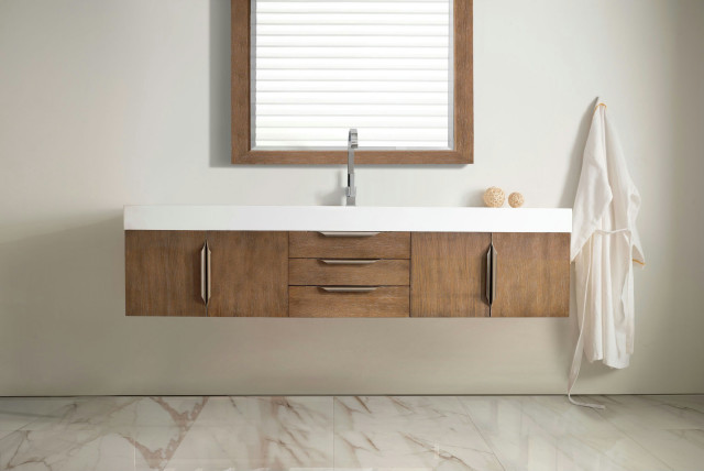 Mercer Island 72" Single Vanity, Latte Oak, Glossy White Composite Top ...