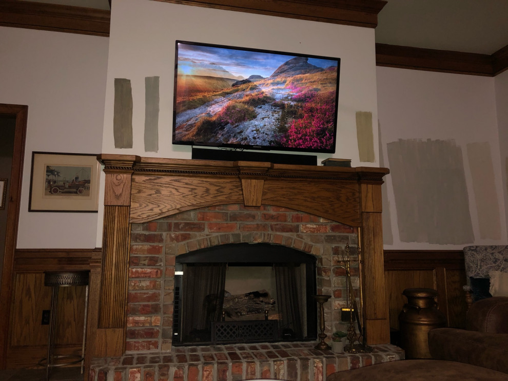 OAK and RED BRICK fireplace wall color