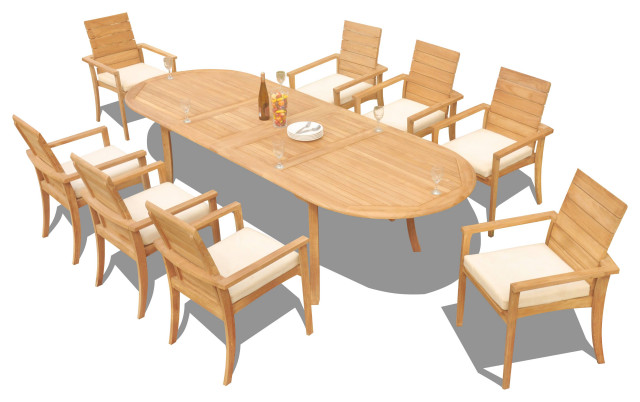 9-Piece Outdoor Teak Dining Set: 117" Oval Ext Table, 8 Alps Stacking ...
