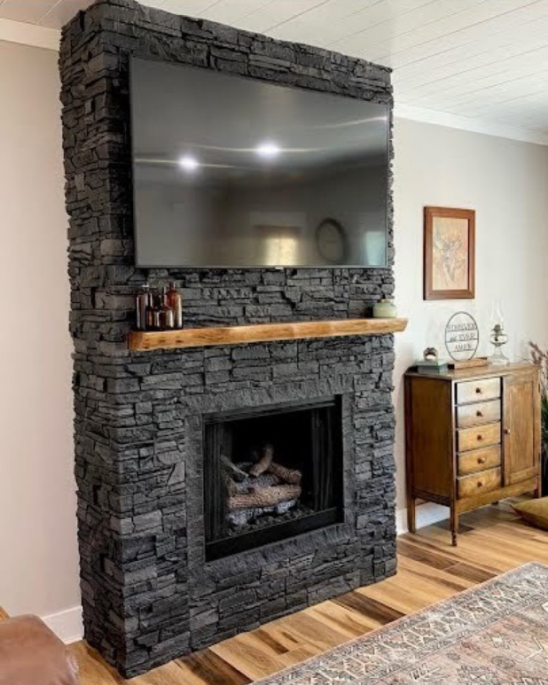 Iron Ore Stacked Stone Home Fireplace Design - Living Room - Denver ...