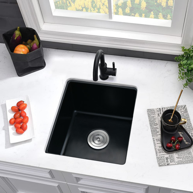 18"Lx16" W Quartz Bar Sink with Basket Strainer Matte Black ...