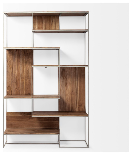 Morris III 47.2" x 74.8" Brown Wood and Silver Metal Frame 6 Shelf ...